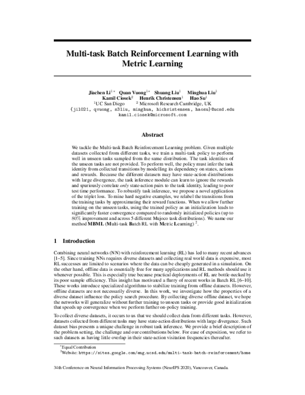 (PDF) Multi-task Batch Reinforcement Learning with Metric Learning