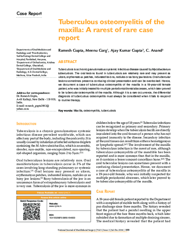 (PDF) Tuberculous osteomyelitis of the maxilla: A rarest of rare case ...