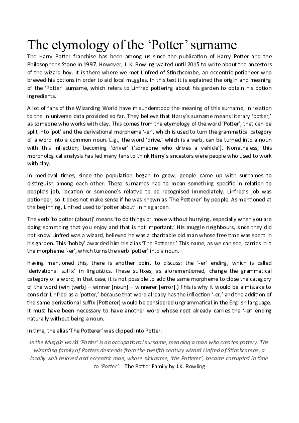 (DOC) The etymology of the 'Potter' surname