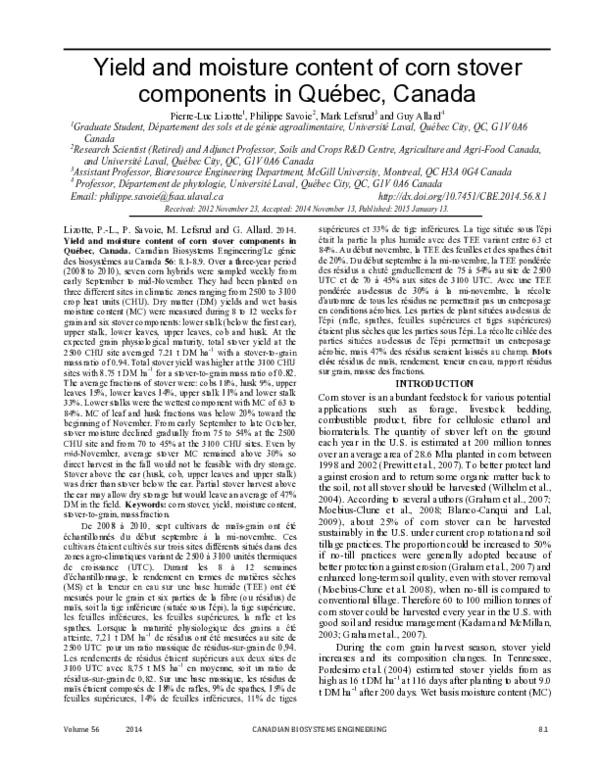 (PDF) Yield and moisture content of corn stover components in Québec ...