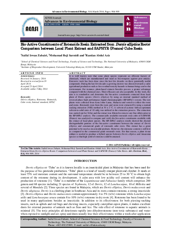 (PDF) Bio-Active Constituents of Rotenoids Resin Extracted from Derris elliptica Roots ...
