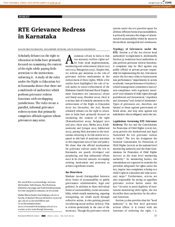 (PDF) RTE Grievance Redress in Karnataka