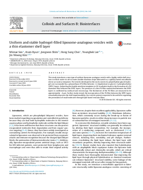 (PDF) Uniform and stable hydrogel-filled liposome-analogous vesicles ...