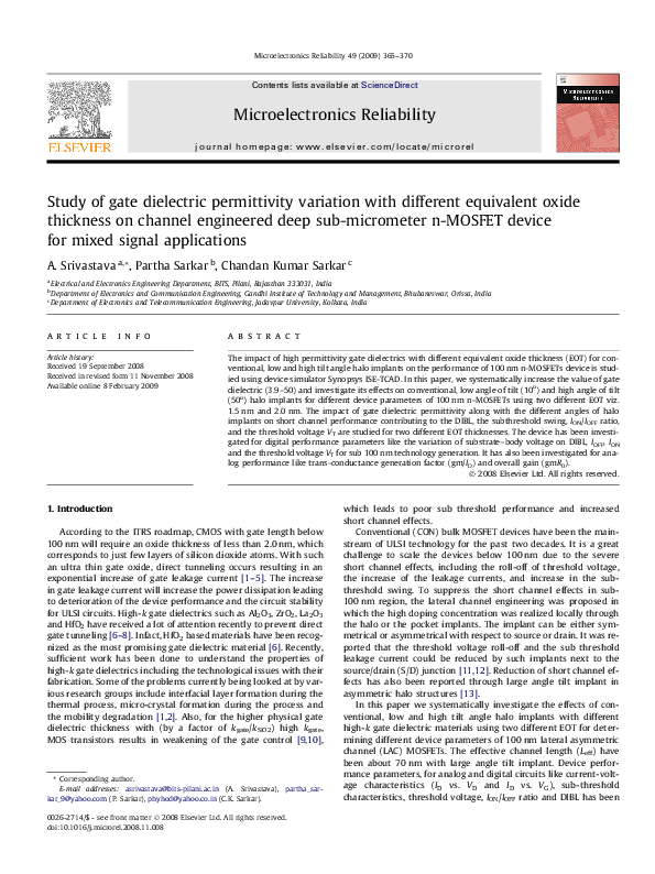 (PDF) Study of gate dielectric permittivity variation with different equivalent oxide thickness ...