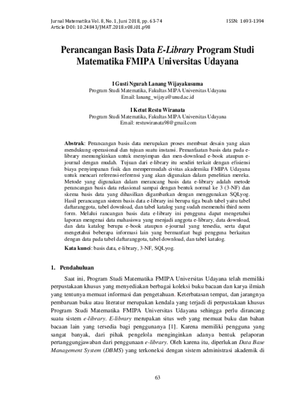 (PDF) Perancangan Basis Data E-Library Program Studi Matematika FMIPA Universitas Udayana