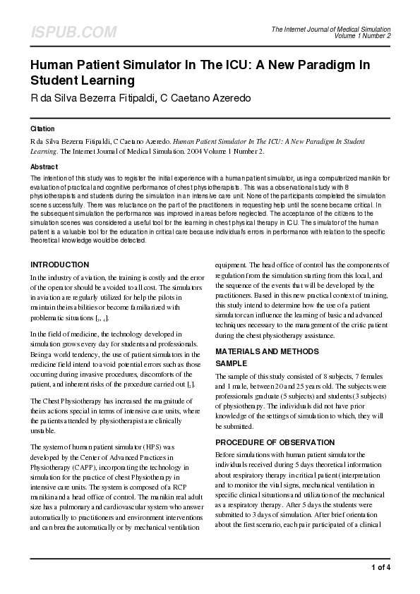 (PDF) Human Patient Simulator In The ICU: A New Paradigm In Student ...