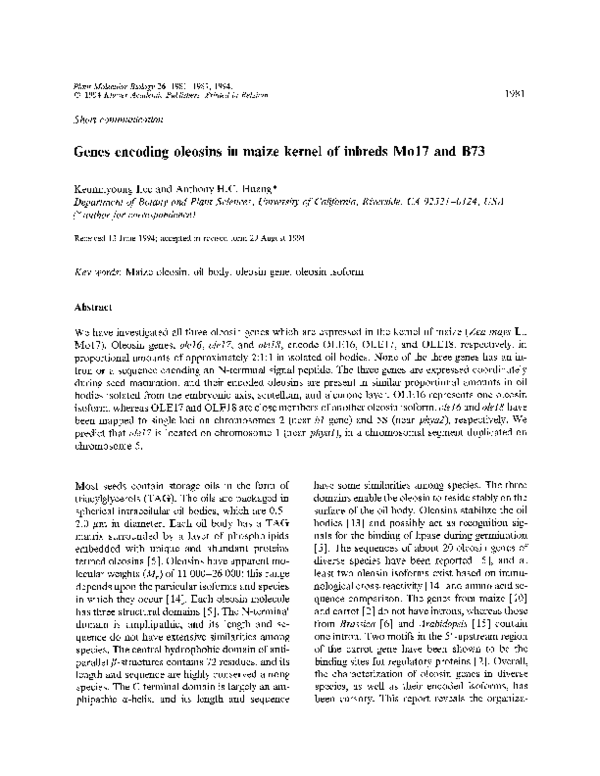 (PDF) Genes encoding oleosins in maize kernel of inbreds Mo17 and B73