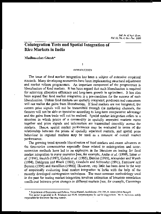 (PDF) Cointegration Tests and Spatial Integration of Rice Markets in India