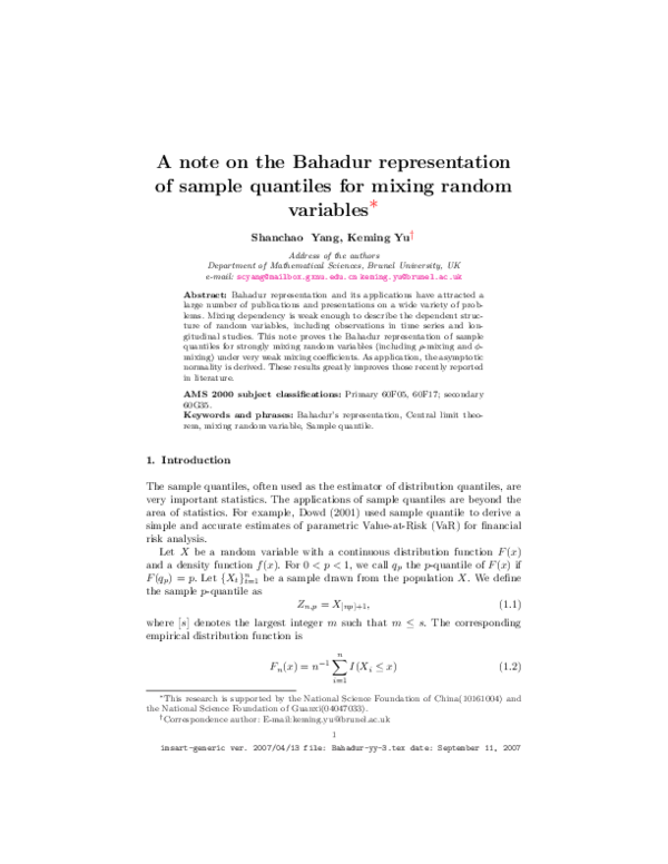 (PDF) Bahadur representation of linear kernel quantile estimator of VaR under assumptions