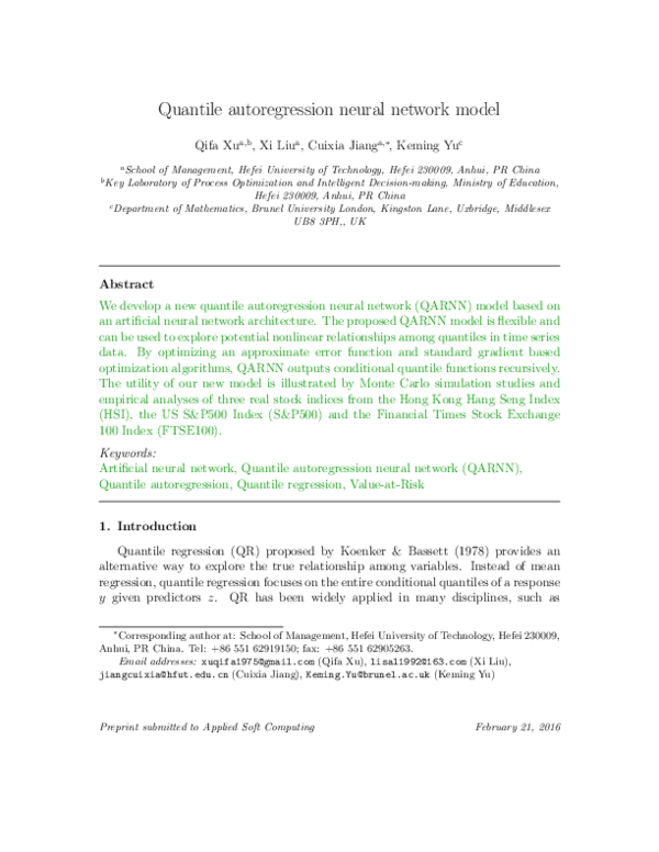 (PDF) Quantile autoregression neural network model with applications to evaluating value at risk