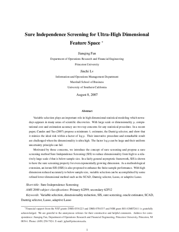 Pdf Sure Independence Screening For Ultrahigh Dimensional Feature Space