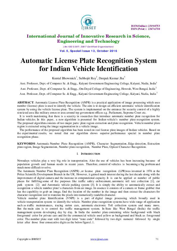 (PDF) Automatic License Plate Recognition System for Indian Vehicle Identification