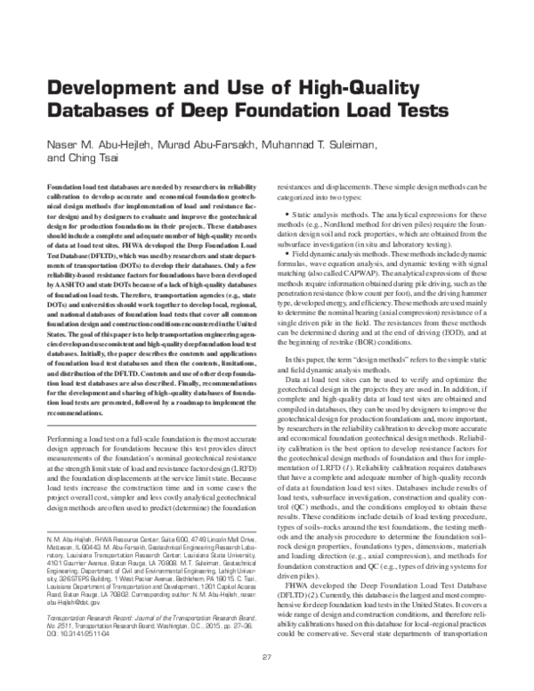 (PDF) Development and Use of High-Quality Databases of Deep Foundation ...