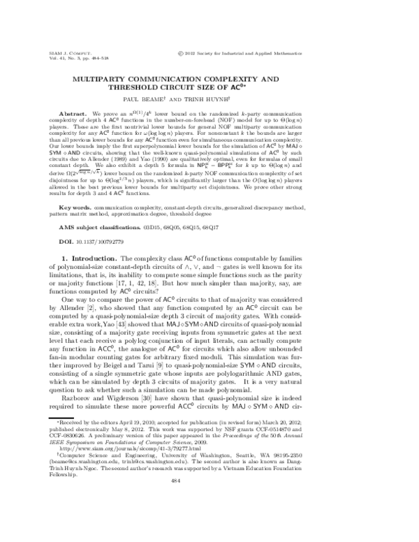 (PDF) Multiparty Communication Complexity and Threshold Circuit Size of $\ensuremath{\sfAC}^0$