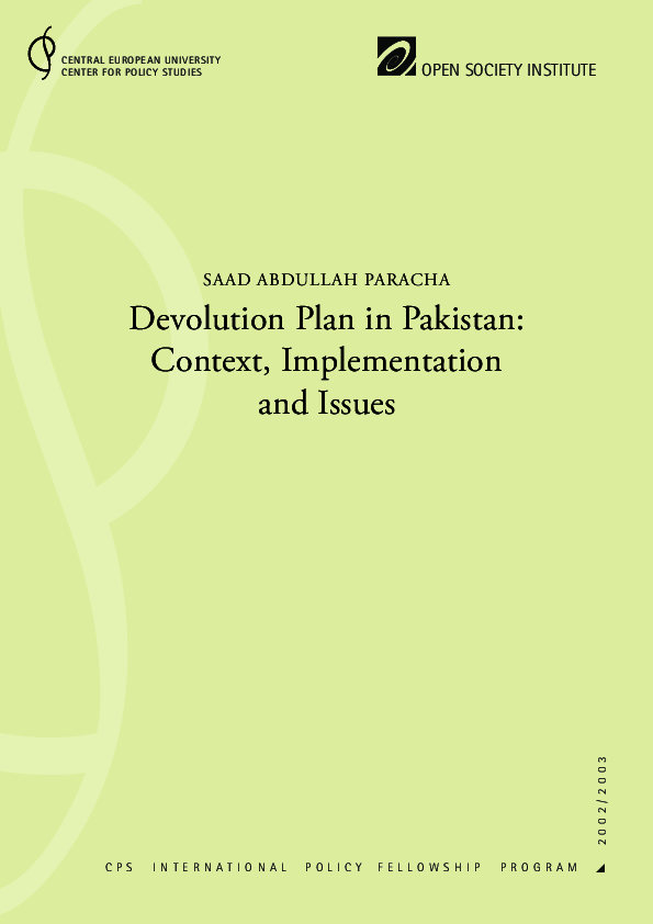 (PDF) Devolution Plan in Pakistan: Context, implementation and issues