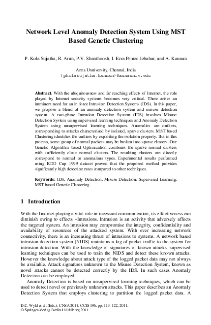 Pdf Network Level Anomaly Detection System Using Mst Based Genetic Clustering Kola Sujatha P