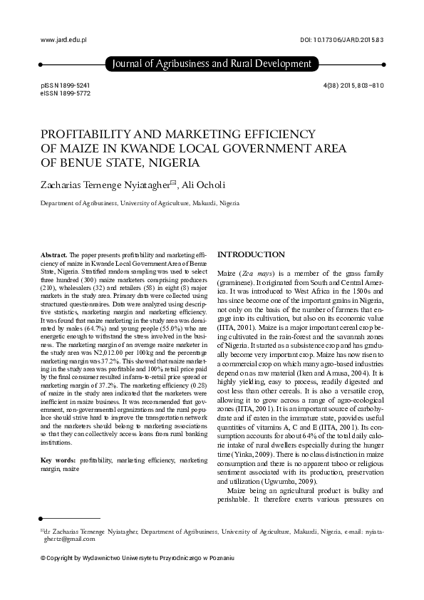 (PDF) Profitability and Marketing Efficiency of Maize in Kwande Local Government Area of Benue ...
