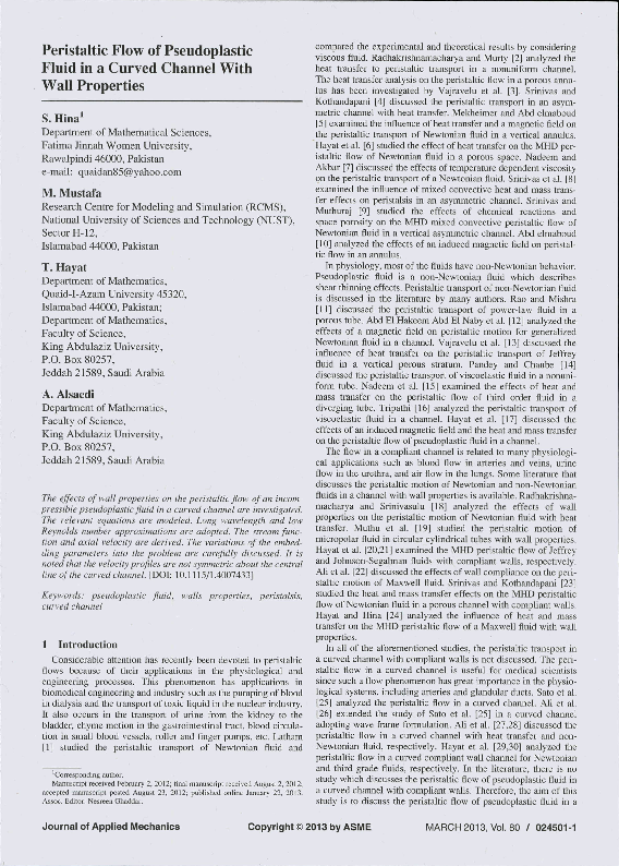 (PDF) Peristaltic Flow of Pseudoplastic Fluid in a Curved Channel With Wall Properties