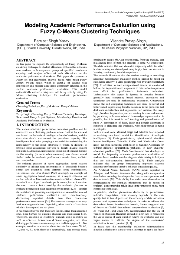 (PDF) Modeling Academic Performance Evaluation using Fuzzy C-Means Clustering Techniques