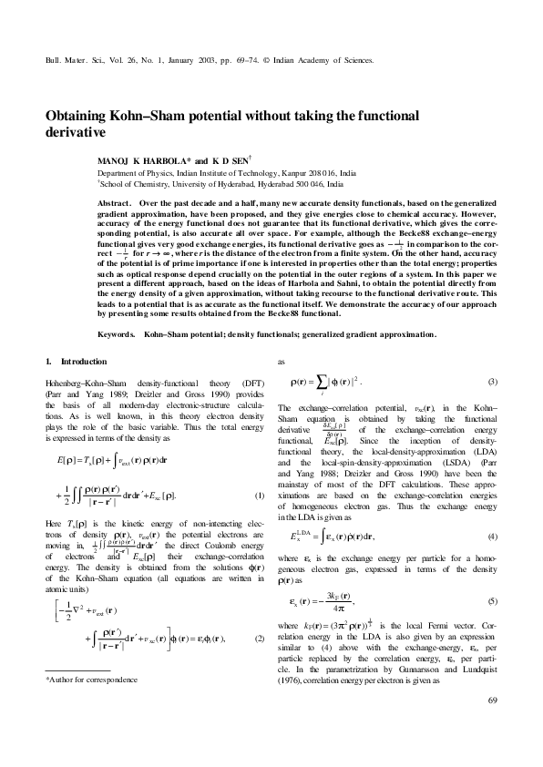(PDF) Obtaining Kohn-Sham potential without taking the functional derivative
