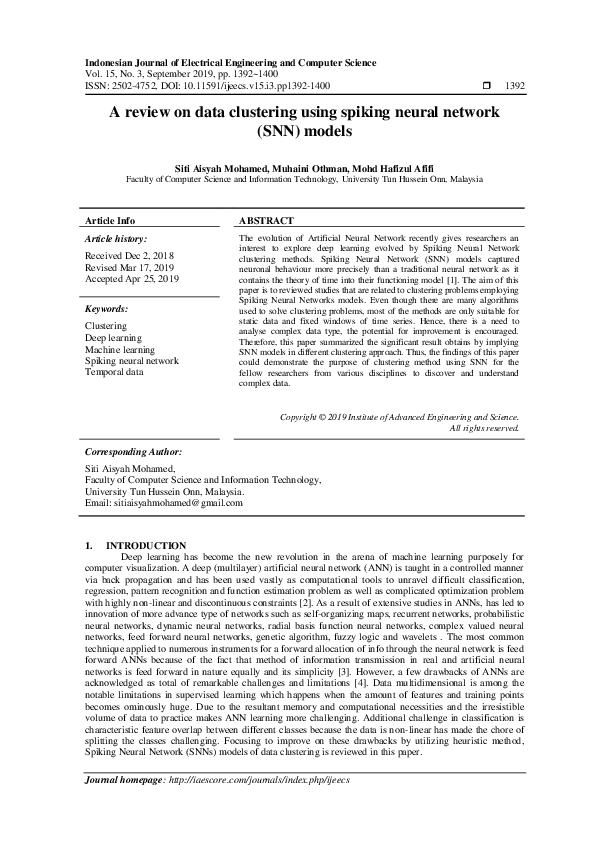 Pdf A Review On Data Clustering Using Spiking Neural Network Snn Models Muhaini Othman 