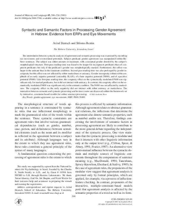 (PDF) Syntactic and Semantic Factors in Processing Gender Agreement in Hebrew: Evidence from ...