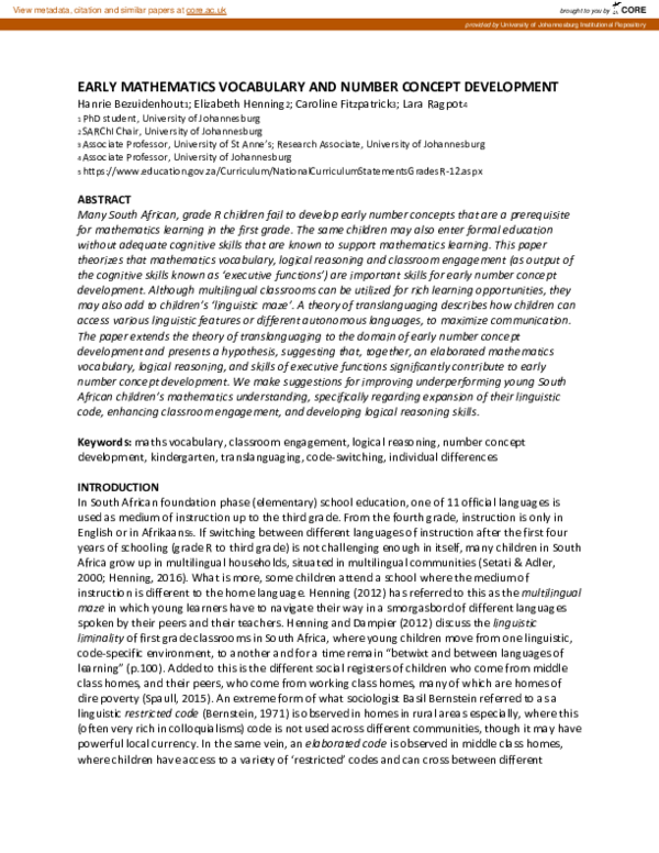(PDF) Early mathematics vocabulary and number concept development