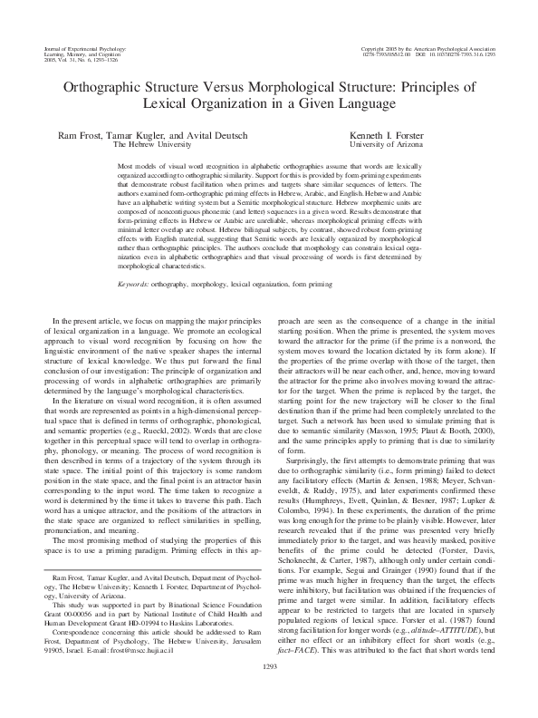 (PDF) Orthographic Structure Versus Morphological Structure: Principles of Lexical Organization ...