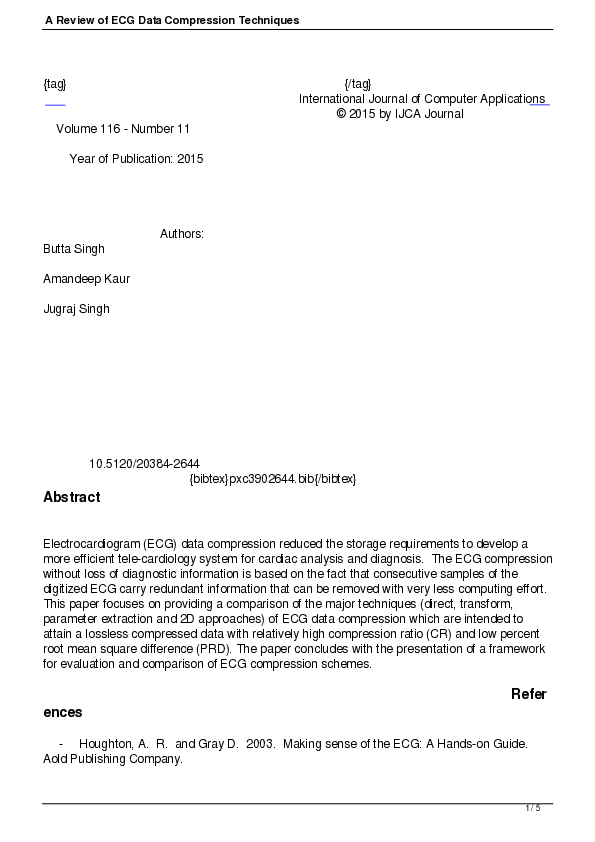 (PDF) A Review of ECG Data Compression Techniques | Jugraj Singh ... (PDF) A Review of ECG Data Compression Techniques | Jugraj Singh ...