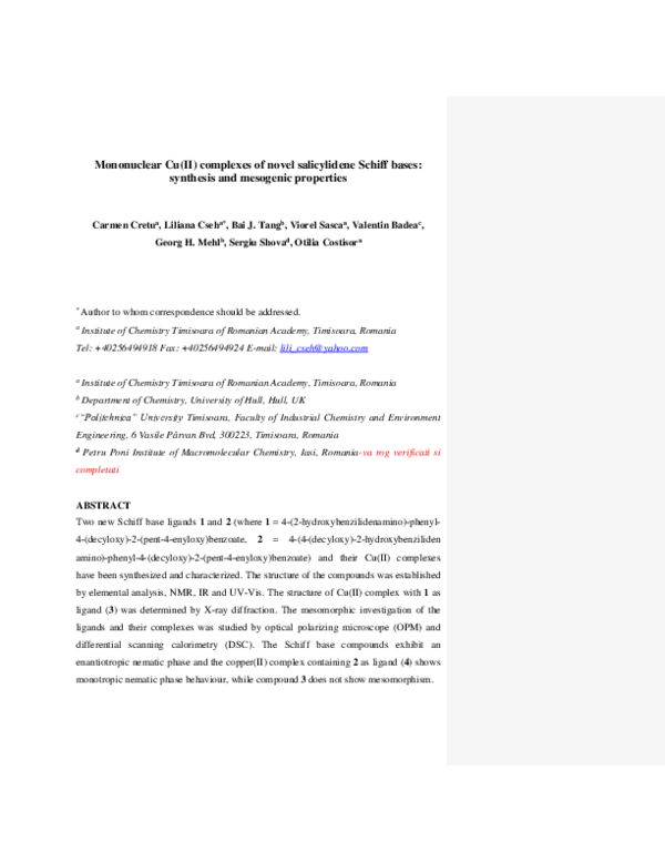 (PDF) Mononuclear Cu(II) complexes of novel salicylidene Schiff bases: synthesis and mesogenic ...