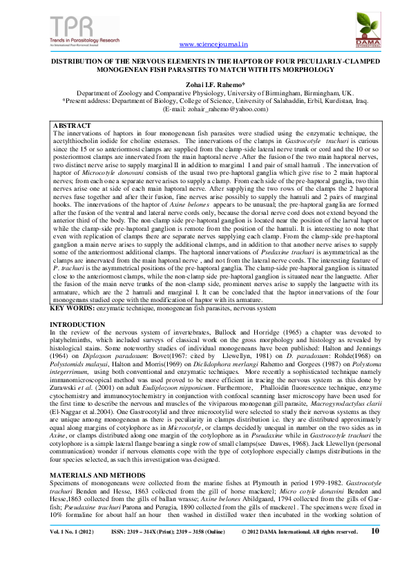 (PDF) Distribution of the Nervous Elements in the Haptor of Four ...