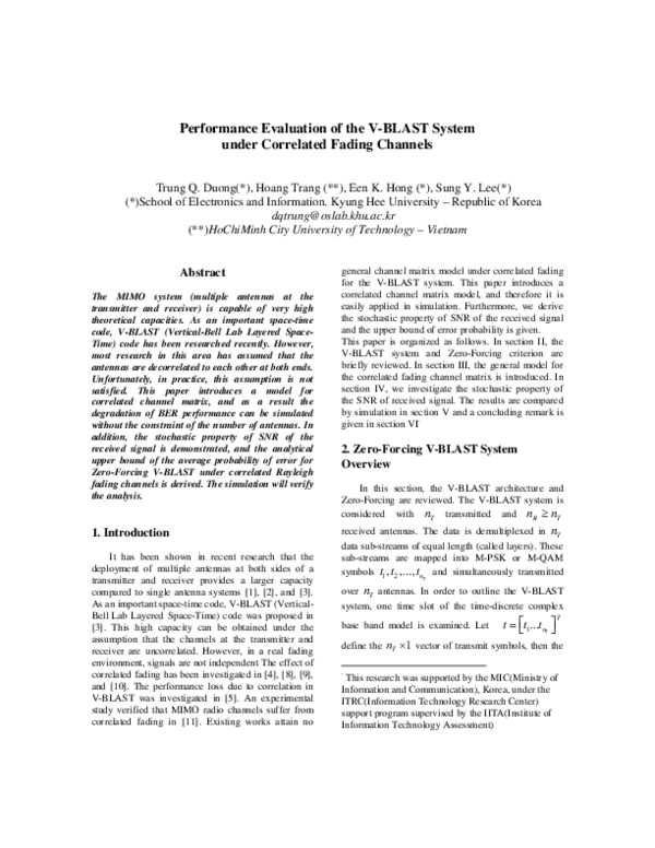 (PDF) Performance evaluation of the V-BLAST system under correlated fading channels