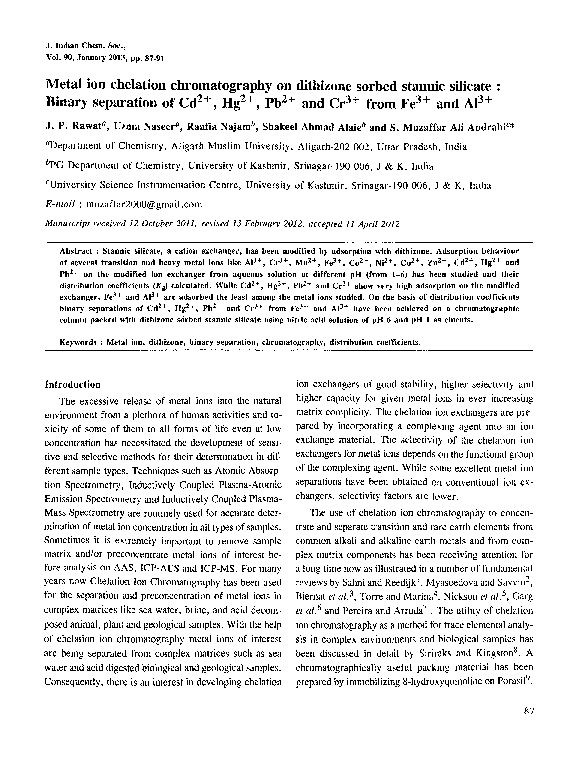 (PDF) Metal Ion Chelation Chromatography on Dithizone Sorbed Stannic Silicate Binary Separation ...