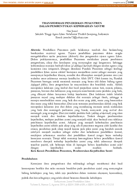 (PDF) Transformasi Pendidikan Pesantren dalam Pembentukan Kepribadian Santri