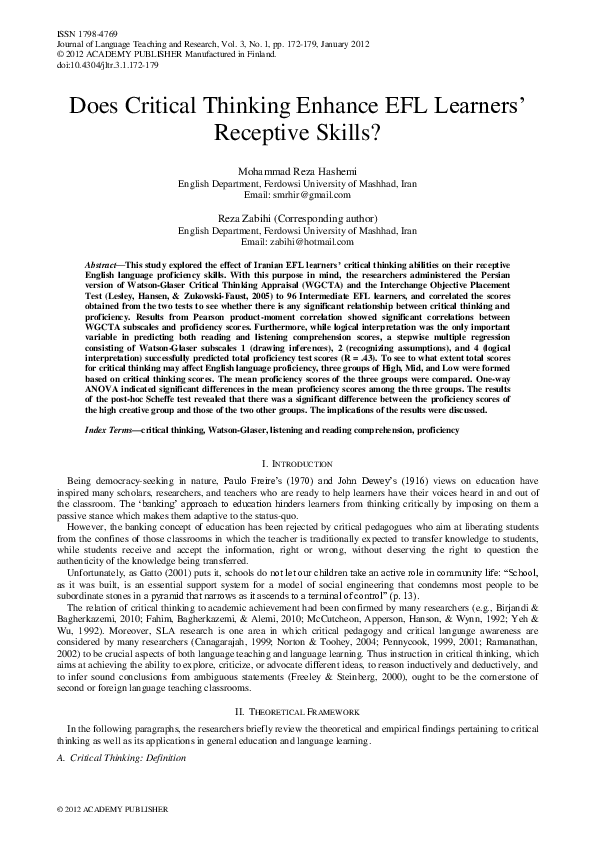 (PDF) Does Critical Thinking Enhance EFL Learners‘ Receptive Skills?