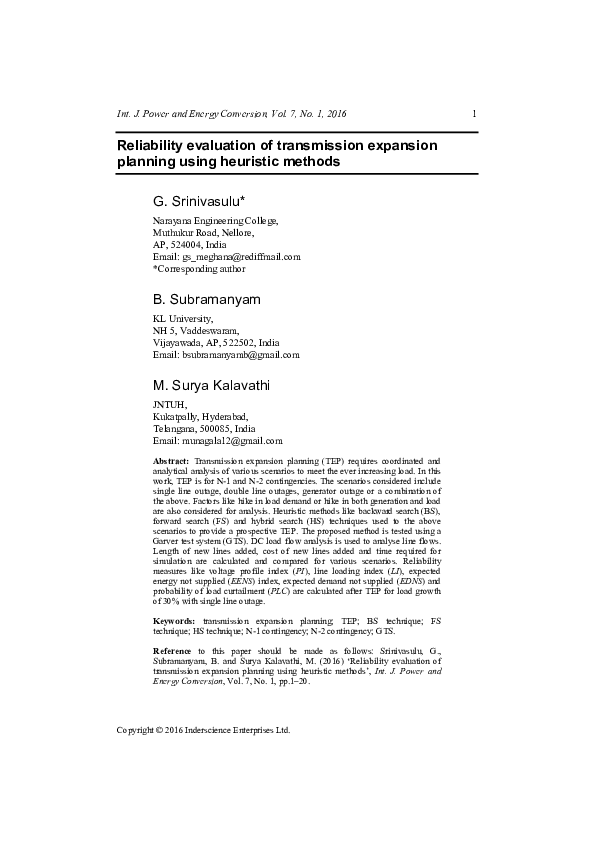 (PDF) Reliability evaluation of transmission expansion planning using heuristic methods