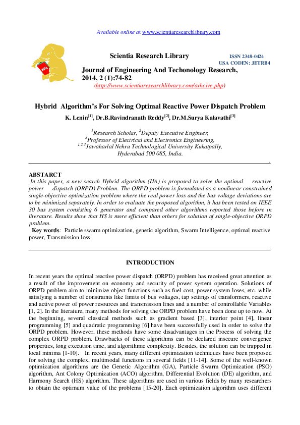(PDF) Hybrid Algorithm’s For Solving Optimal Reactive Power Dispatch Problem