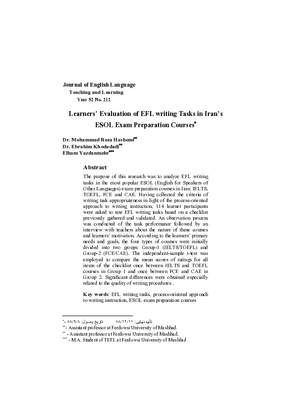 (PDF) Learners'Evaluation of Efl Writing Tasks in Iran's Esol Exam ...