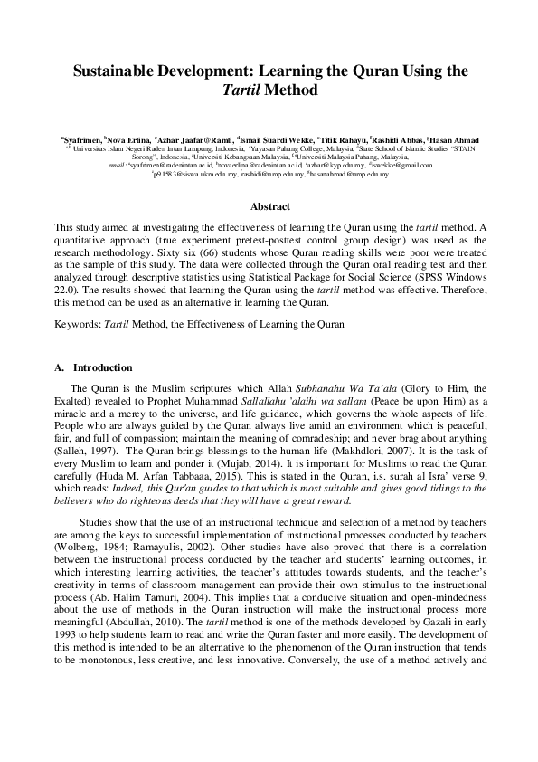 (PDF) Sustainable Development: Learning the Quran Using the Tartil Method
