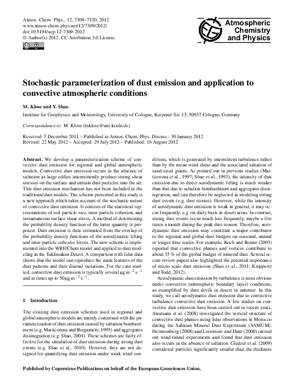 Pdf Stochastic Parameterization Of Dust Emission And Application To