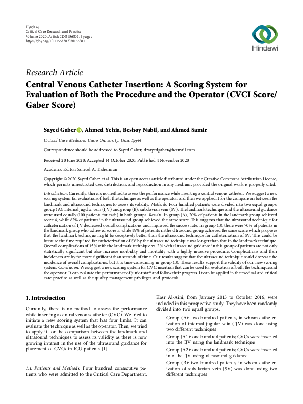 (PDF) Central Venous Catheter Insertion: A Scoring System for ...
