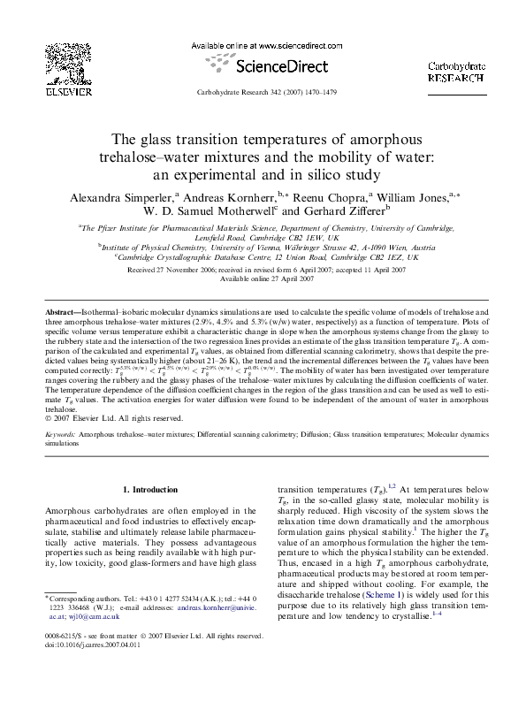 (PDF) The glass transition temperatures of amorphous trehalose–water mixtures and the mobility ...