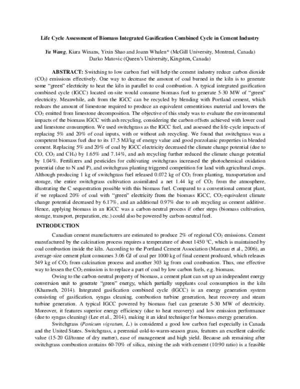 (PDF) Life Cycle Assessment of Biomass Integrated Gasification Combined Cycle in Cement Industry ...