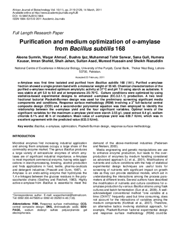 (PDF) Purification and medium optimization of α-amylase from Bacillus subtilis 168