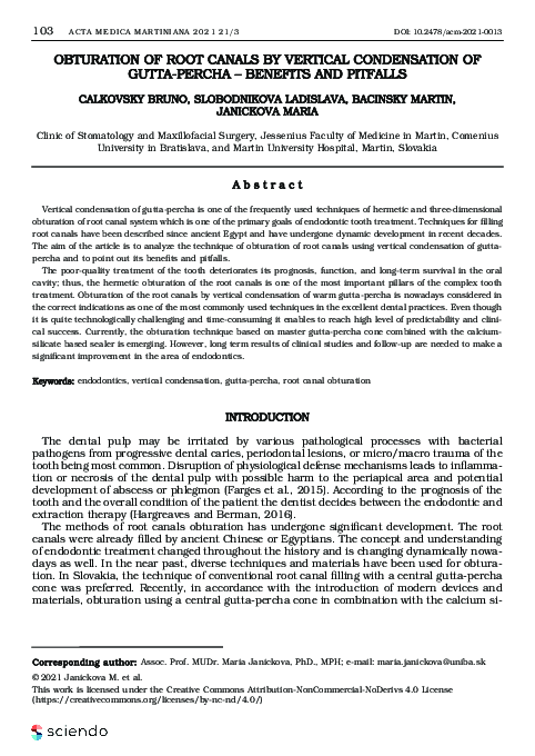(PDF) Obturation of Root Canals By Vertical Condensation of Gutta-Percha – Benefits and Pitfalls ...