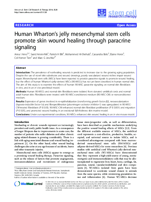 (PDF) Human Wharton’s jelly mesenchymal stem cells promote skin wound healing through paracrine ...