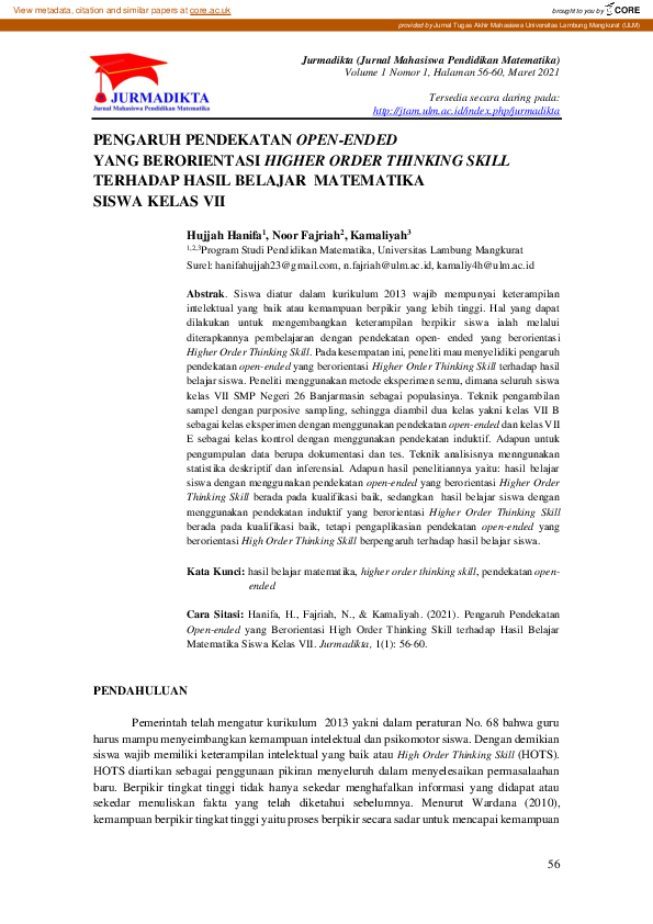 (PDF) Pengaruh Pendekatan Open-Ended Yang Berorientasi Higher Order Thinking Skill Terhadap ...