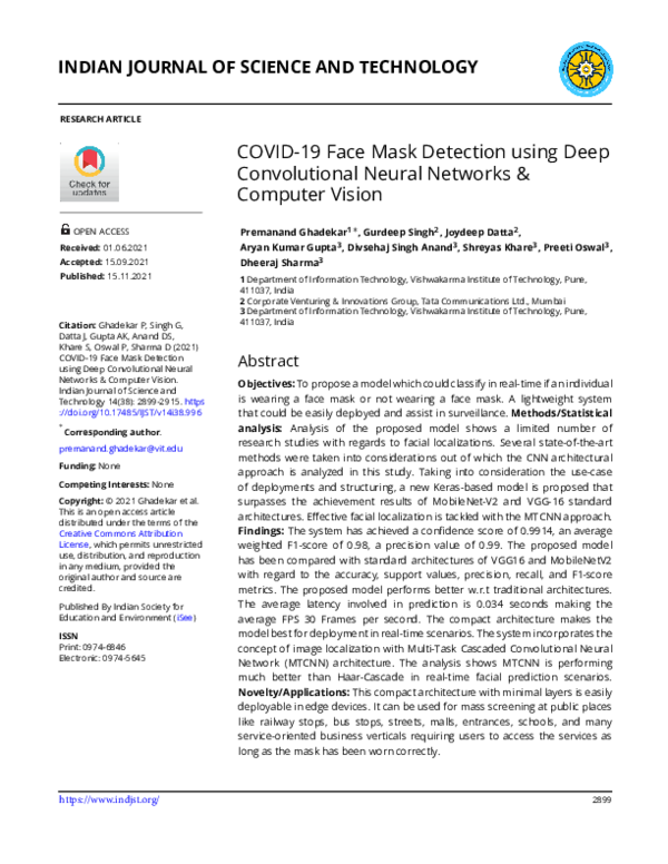 (PDF) COVID-19 Face Mask Detection using Deep Convolutional Neural Networks Computer Vision