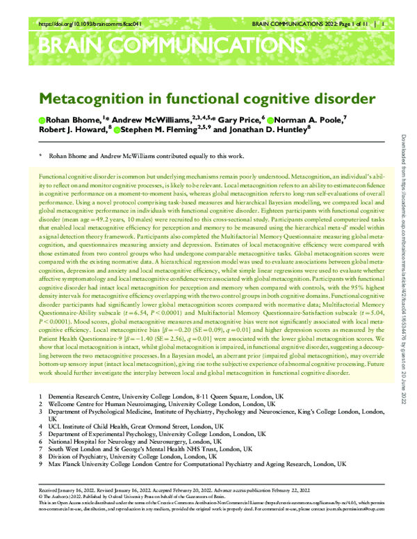 Pdf Metacognition In Functional Cognitive Disorder