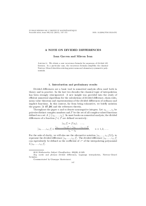 (PDF) A note on divided differences